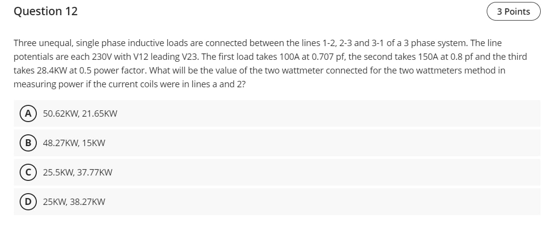 Solved Question 12Three unequal, single phase inductive | Chegg.com
