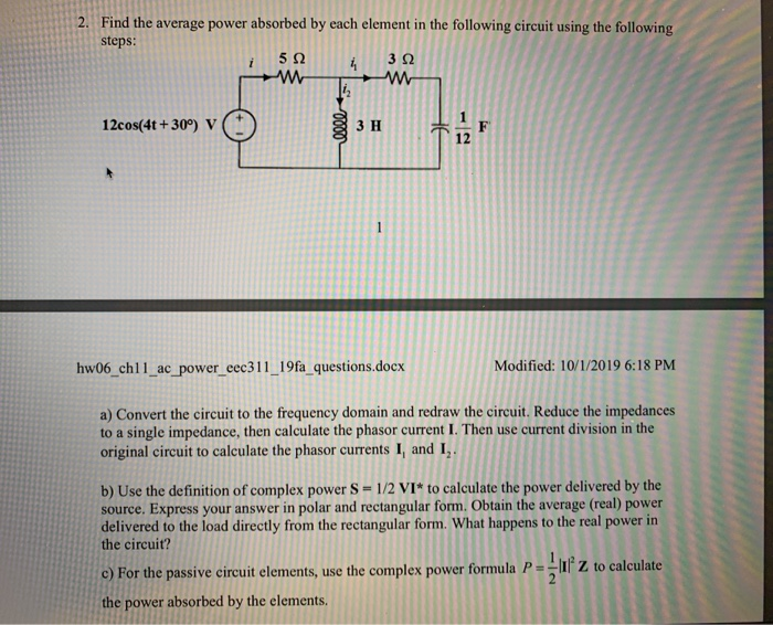 Solved 2. Find the average power absorbed by each element in | Chegg.com