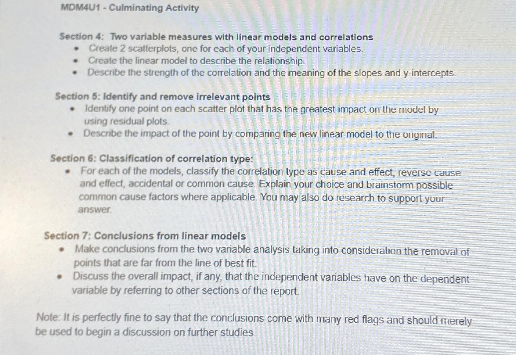 Solved MDM4U1 - ﻿Culminating ActivitySection 4: Two variable | Chegg.com