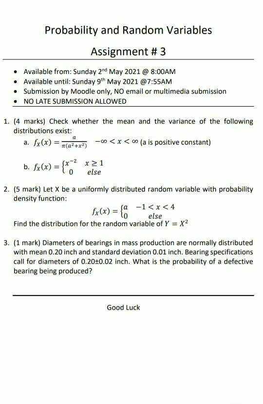 Solved Probability and Random Variables Assignment #3 • | Chegg.com