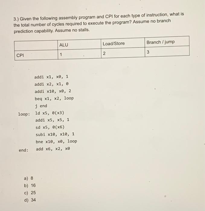 Solved 3.) Given the following assembly program and CPI for | Chegg.com