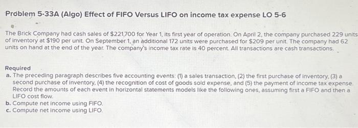 Solved Problem 5-33A (Algo) Effect of FIFO Versus LIFO on | Chegg.com