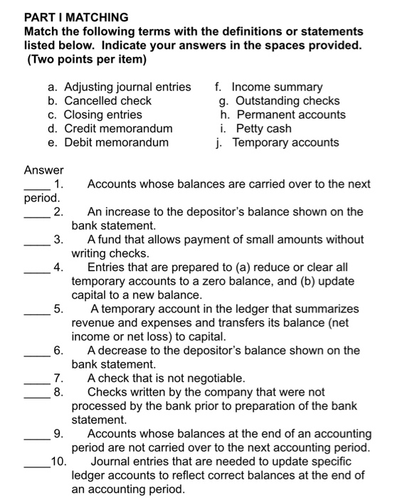 Solved PART I MATCHING Match the following terms with the | Chegg.com