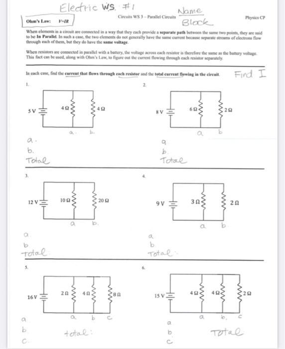 Solved Electric WS. #1 Name Circuits WS 3 - Parallel | Chegg.com
