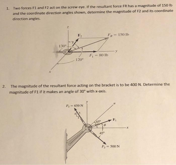 Solved 1. Two forces F1 and F2 act on the screw eye. If the | Chegg.com