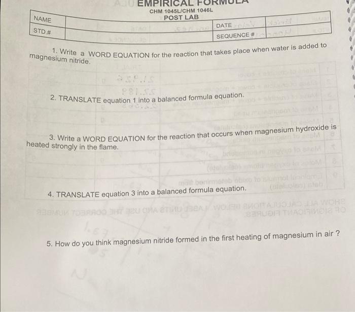 Solved NAME EMPIRICAL CHM 1045L/CHM 1046L POST LAB DATE | Chegg.com