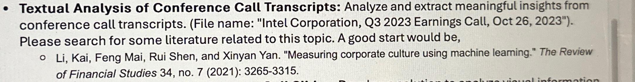 Solved Textual Analysis of Conference Call Transcripts: | Chegg.com