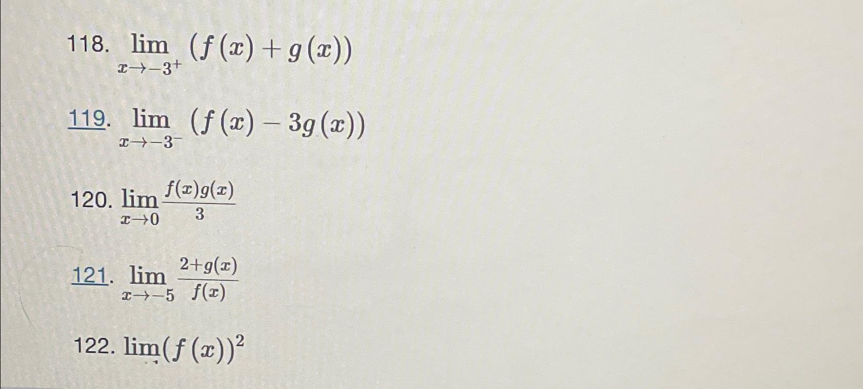 Solved limx→-3+(f(x)+g(x))limx→-3-(f(x)-3g(x))limx→0f(x)g(x) | Chegg.com
