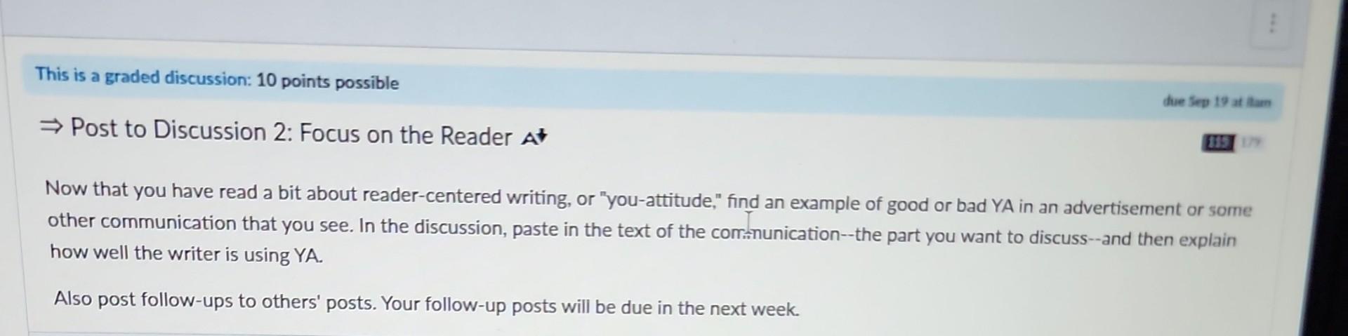 ⇒ Post to Discussion 2: Focus on the Reader A Now | Chegg.com