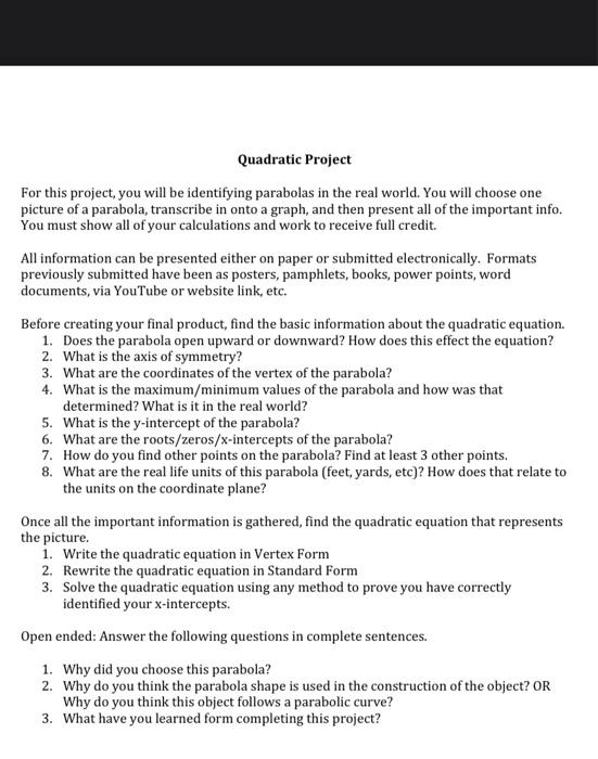 Solved Quadratic Project For this project, you will be | Chegg.com
