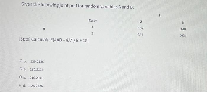 Solved Given the following joint pmf for random variables A | Chegg.com