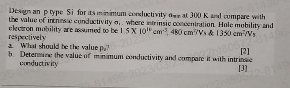 Solved Design an p type Si for its minimum conductivity σmin | Chegg.com