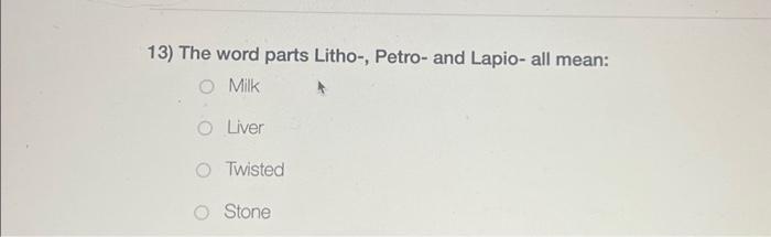 13) The word parts Litho-, Petro- and Lapio- all | Chegg.com