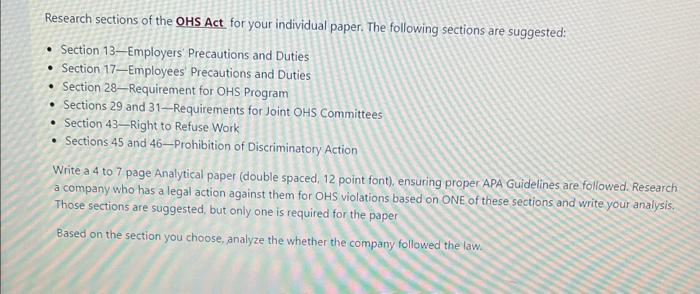 Research sections of the OHS Act for your individual | Chegg.com