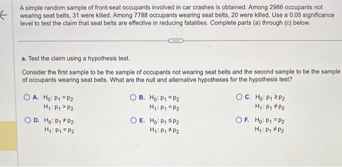 Solved A simple random sample of front-seat occupants | Chegg.com