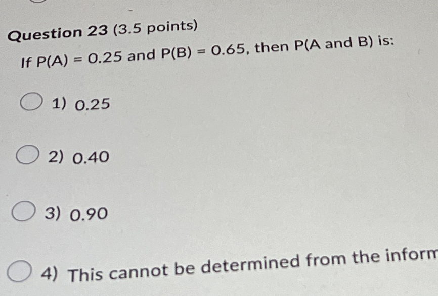 Solved Question 23 ( 3.5 ﻿points)If P(A)=0.25 ﻿and | Chegg.com