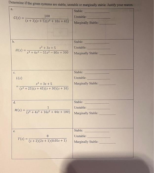 Solved Determine if the given systems are stable, unstable | Chegg.com