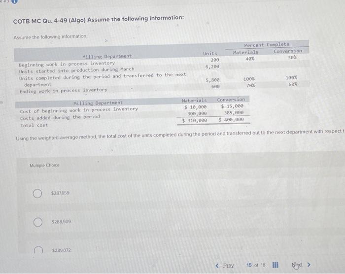 COTB MC Qu. 4.49 (Algo) Assume the following | Chegg.com