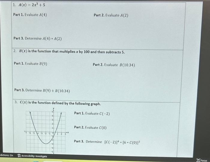 Solved 1. A(x)=2x3+5 Part 1. Evaluate A(4) Part 2. Evaluate | Chegg.com