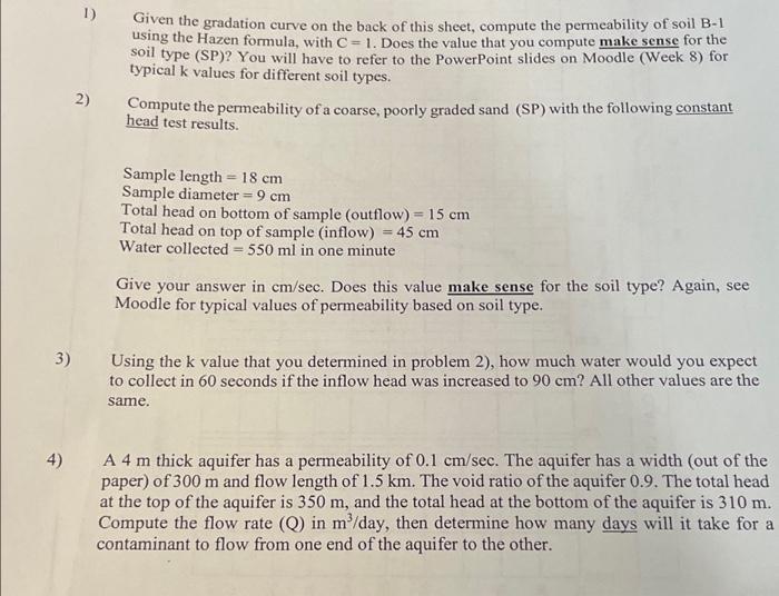 Solved 3) 4) 1) 2) Given the gradation curve on the back of | Chegg.com