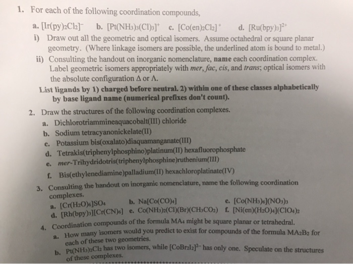 Solved 1. For each of the following coordination compounds, | Chegg.com