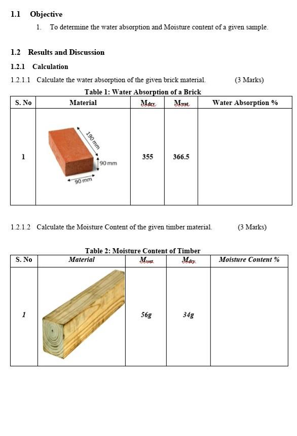 Solved 1.1 Objective 1. To determine the water absorption | Chegg.com