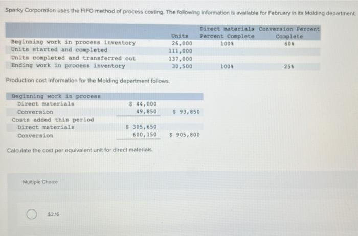 Solved Sparky Corporation uses the FIFO method of process | Chegg.com