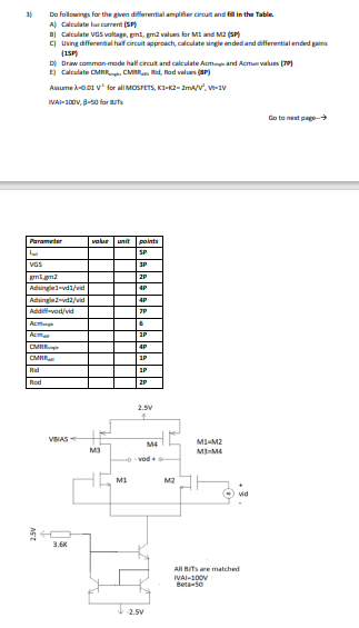 Solved Da following for the given dAlerential ampliter | Chegg.com