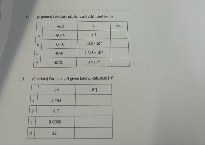 Solved .12 ( 8 points) Calculate pK, for each acid listed | Chegg.com Solved .12 ( 8 points) Calculate pK, for each acid listed | Chegg.com
