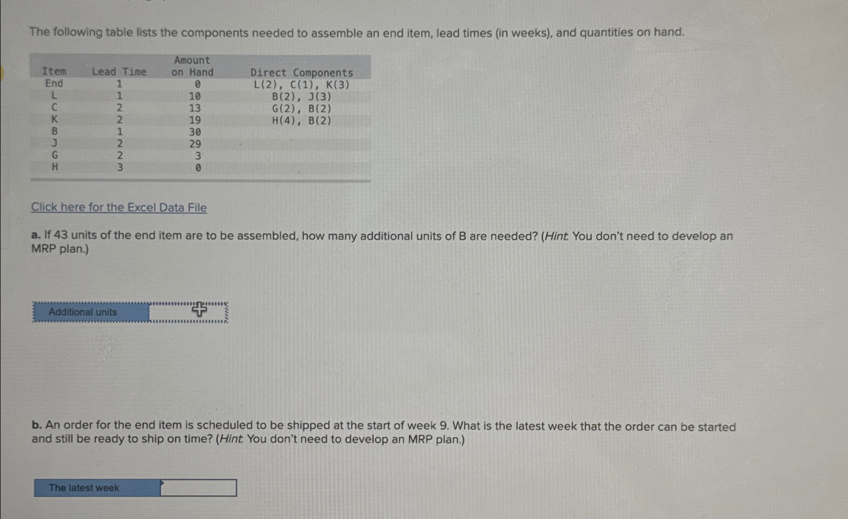 Solved The following table lists the components needed to | Chegg.com
