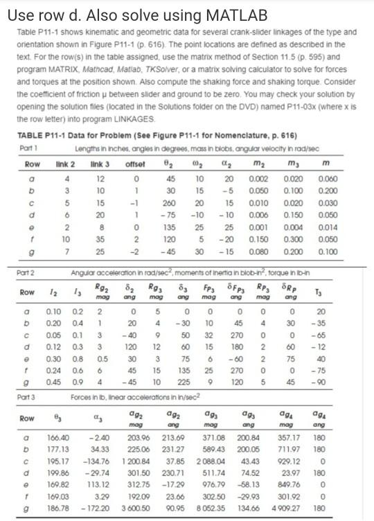 Use row d. Also solve using MATLAB Table P11-1 shows | Chegg.com