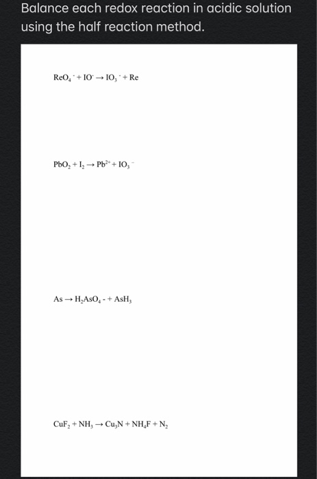 Solved Balance each redox reaction in acidic solution using | Chegg.com