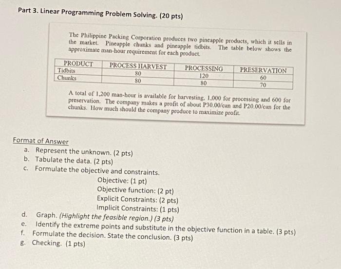 Solved Part 3. Linear Programming Problem Solving. (20 pts) | Chegg.com
