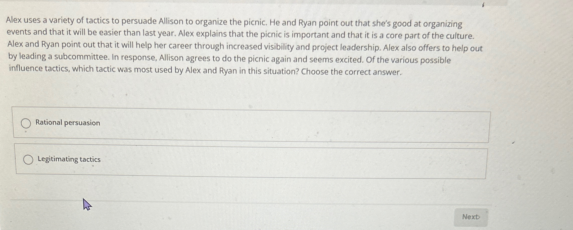 Solved Alex uses a variety of tactics to persuade Allison to | Chegg.com