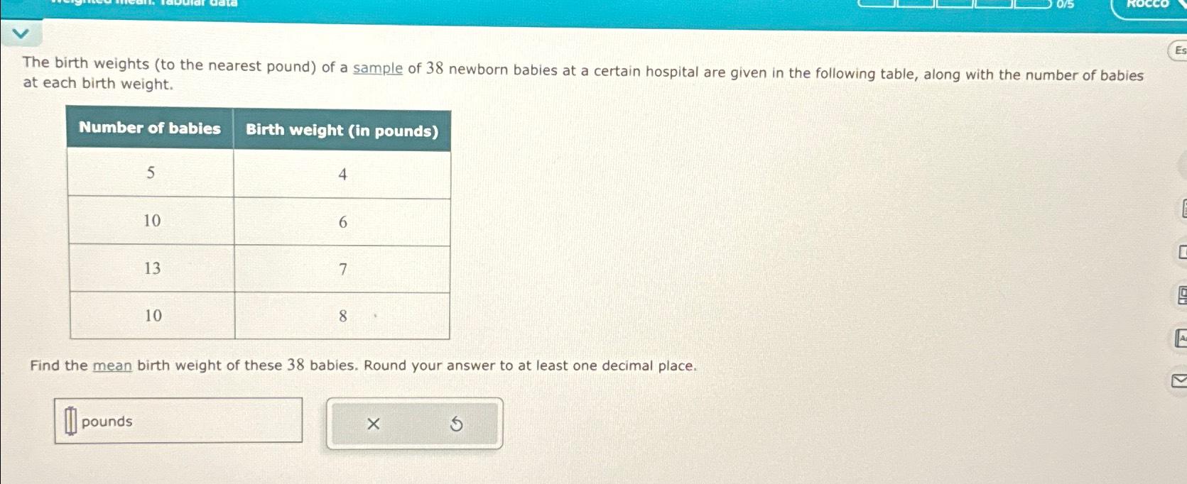 Solved The birth weights (to the nearest pound) ﻿of a sample | Chegg.com