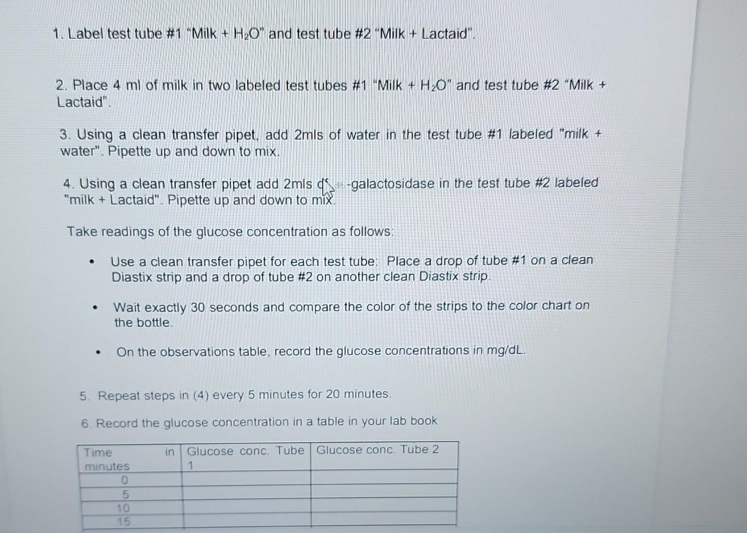 Solved 1. Label test tube #1 "Milk +H2O " and test tube #2 | Chegg.com