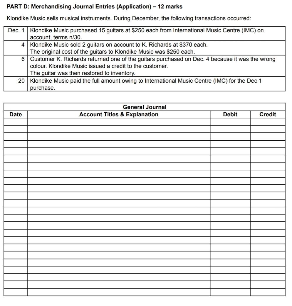 Solved PART D: Merchandising Journal Entries (Application) - | Chegg.com