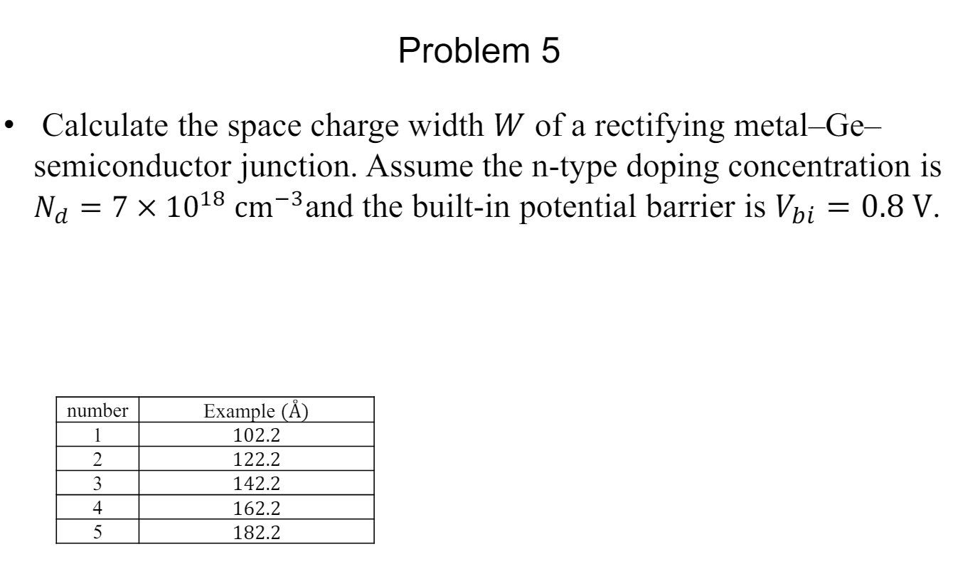 Solved Problem 5Calculate the space charge width W ﻿of a | Chegg.com