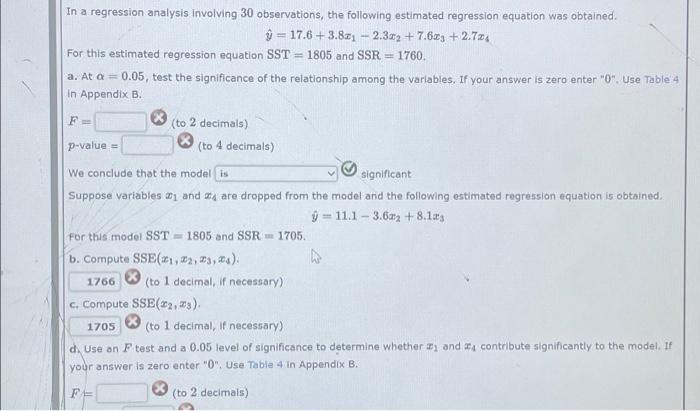 Solved a regression analysis involving 30 observations, the | Chegg.com