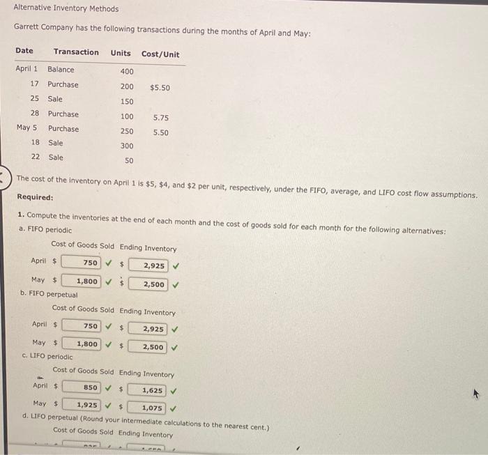 Solved Alternative Inventory Methods Garrett Company has the | Chegg.com