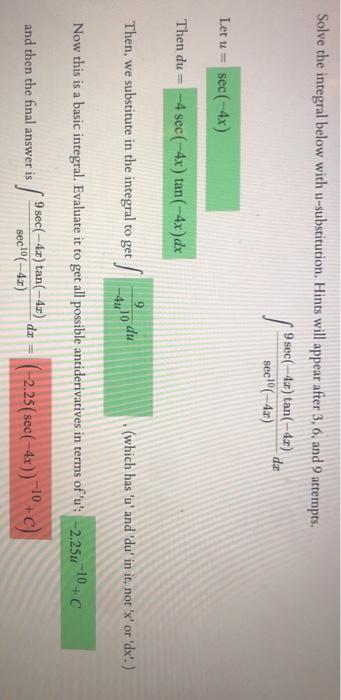 Solved Solve the integral below with u-substitution. Hints | Chegg.com