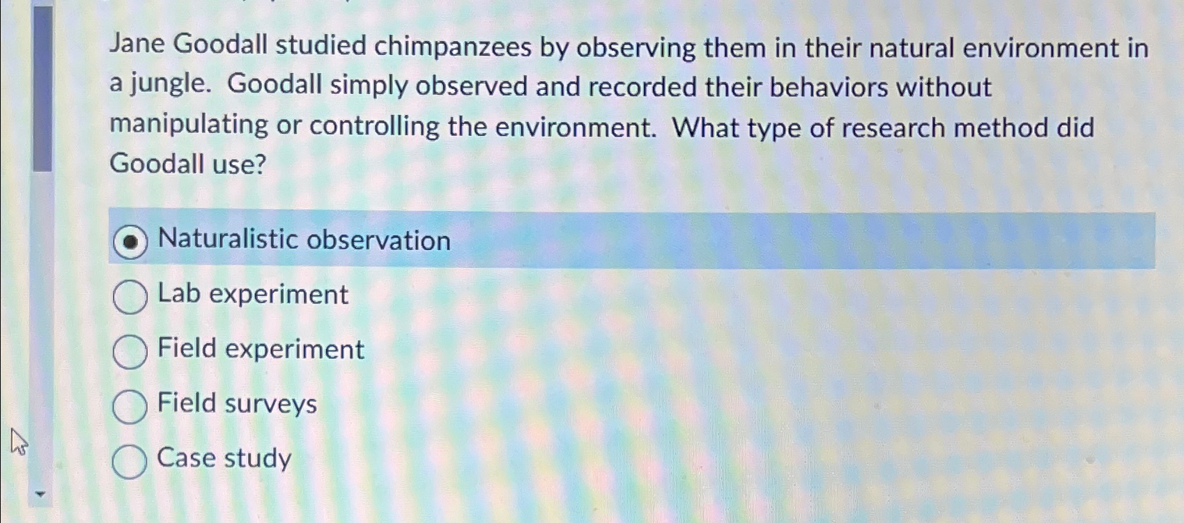 Solved Jane Goodall studied chimpanzees by observing them in | Chegg.com