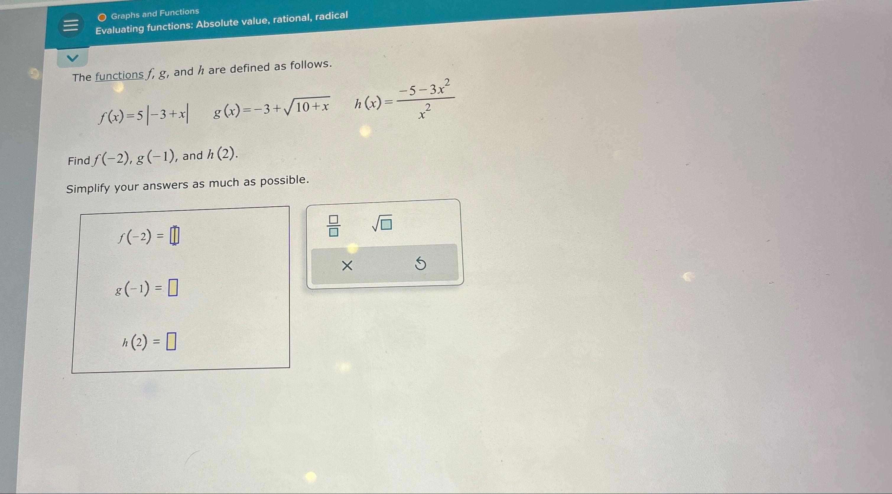 Solved Graphs and FunctionsEvaluating functions: Absolute | Chegg.com