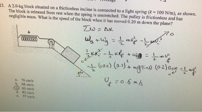 Solved 23. A 2.0-kg block situated on a frictionless incline | Chegg.com