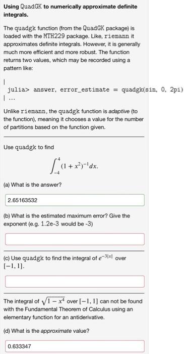Solved Using QuadGK to numerically approximate definite | Chegg.com