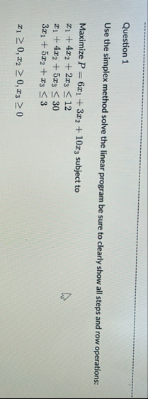 Solved Question 1Use the simplex method solve the linear | Chegg.com