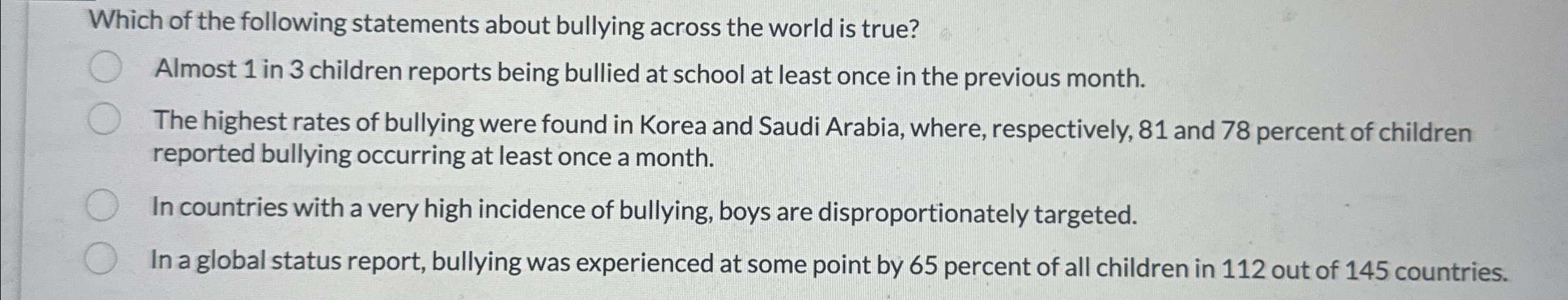 Solved Which of the following statements about bullying | Chegg.com