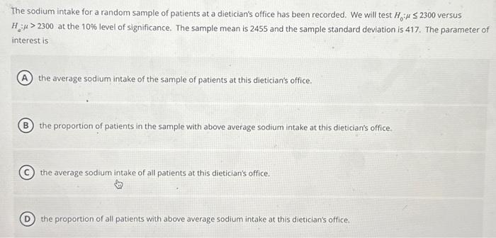 Solved The sodium intake for a random sample of patients at | Chegg.com