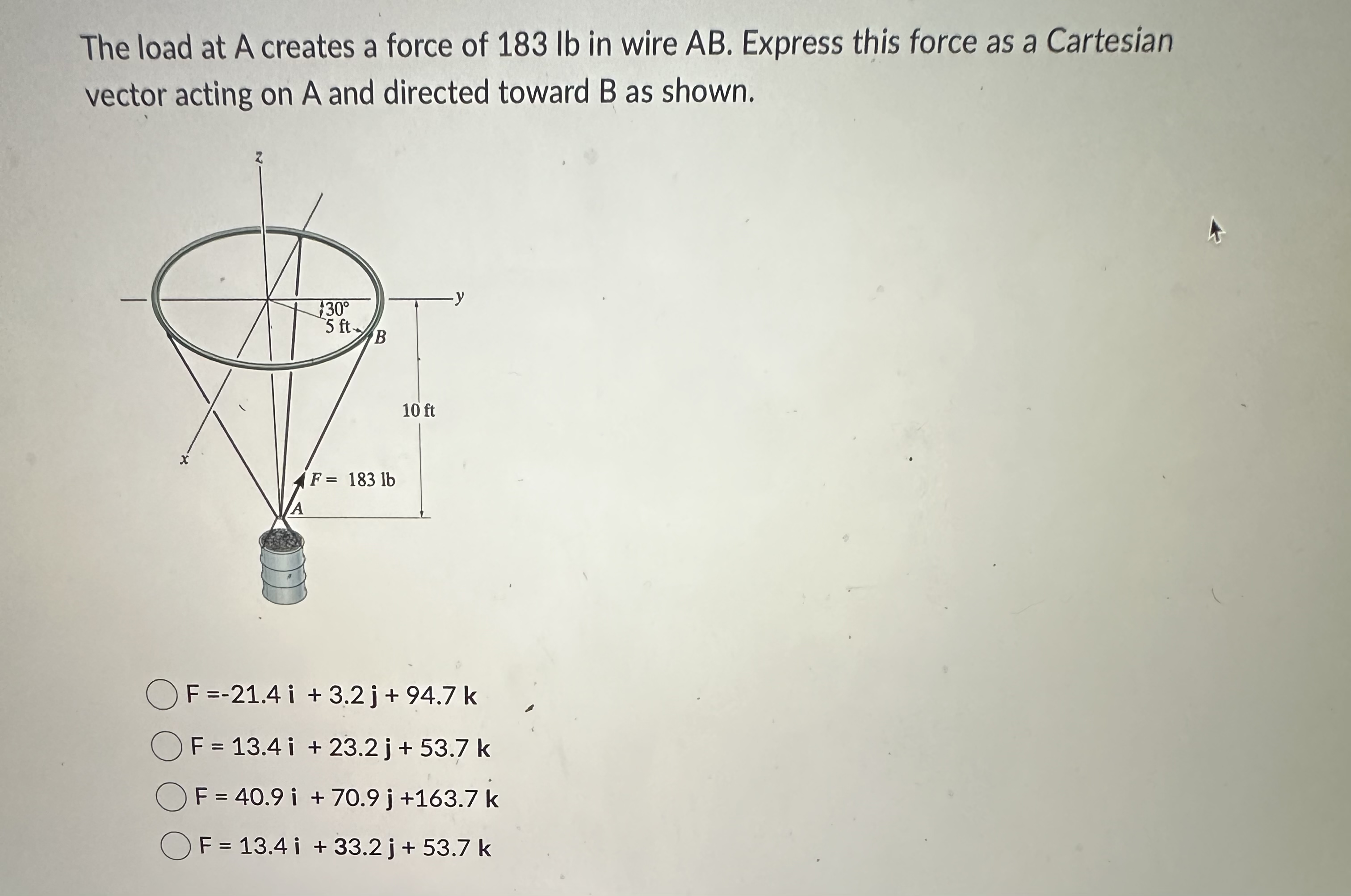 Solved The load at A creates a force of 183Ib ﻿in wire AB. | Chegg.com