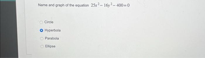 Solved Name and graph of the equation 25x2-16y²-400=0 Circle | Chegg.com